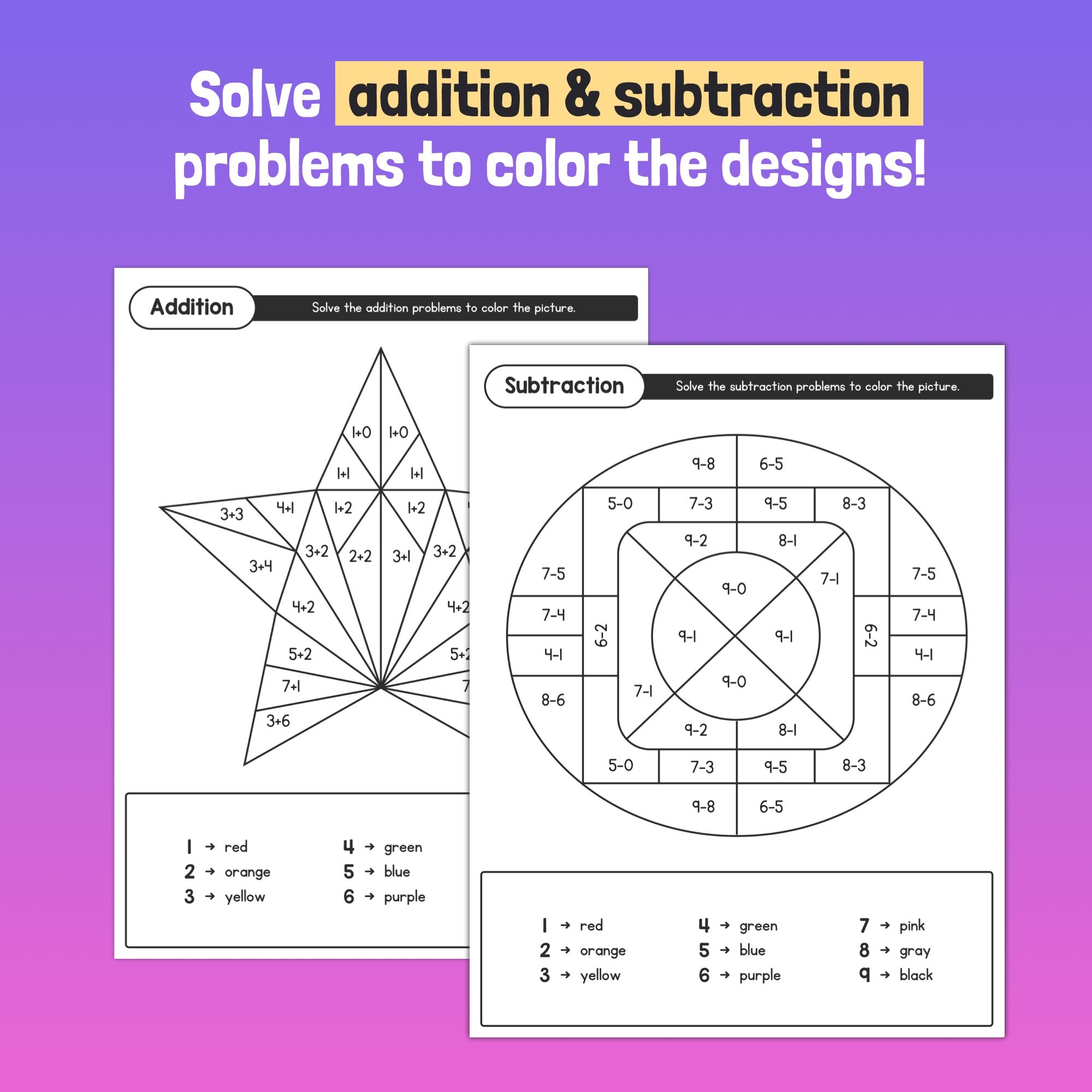 Addition & Subtraction Coloring Pages | Kindergarten and 1st Grade ...