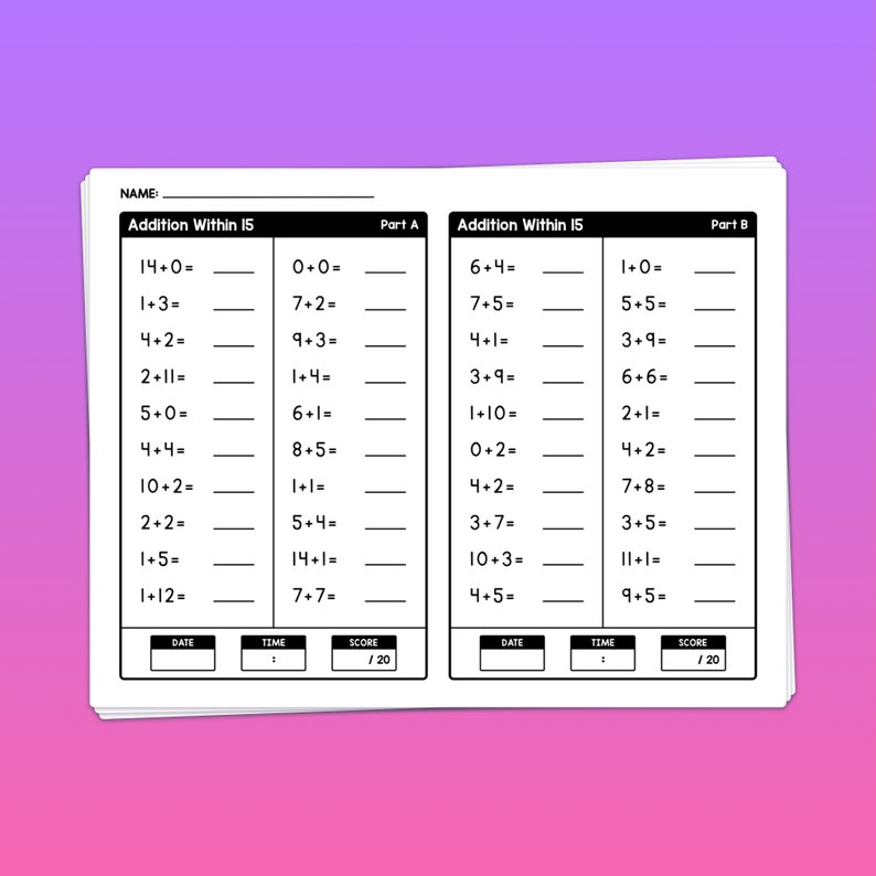 No Prep 1 Minute Addition Drills | Kindergarten, 1st, 2nd Grade Math ...