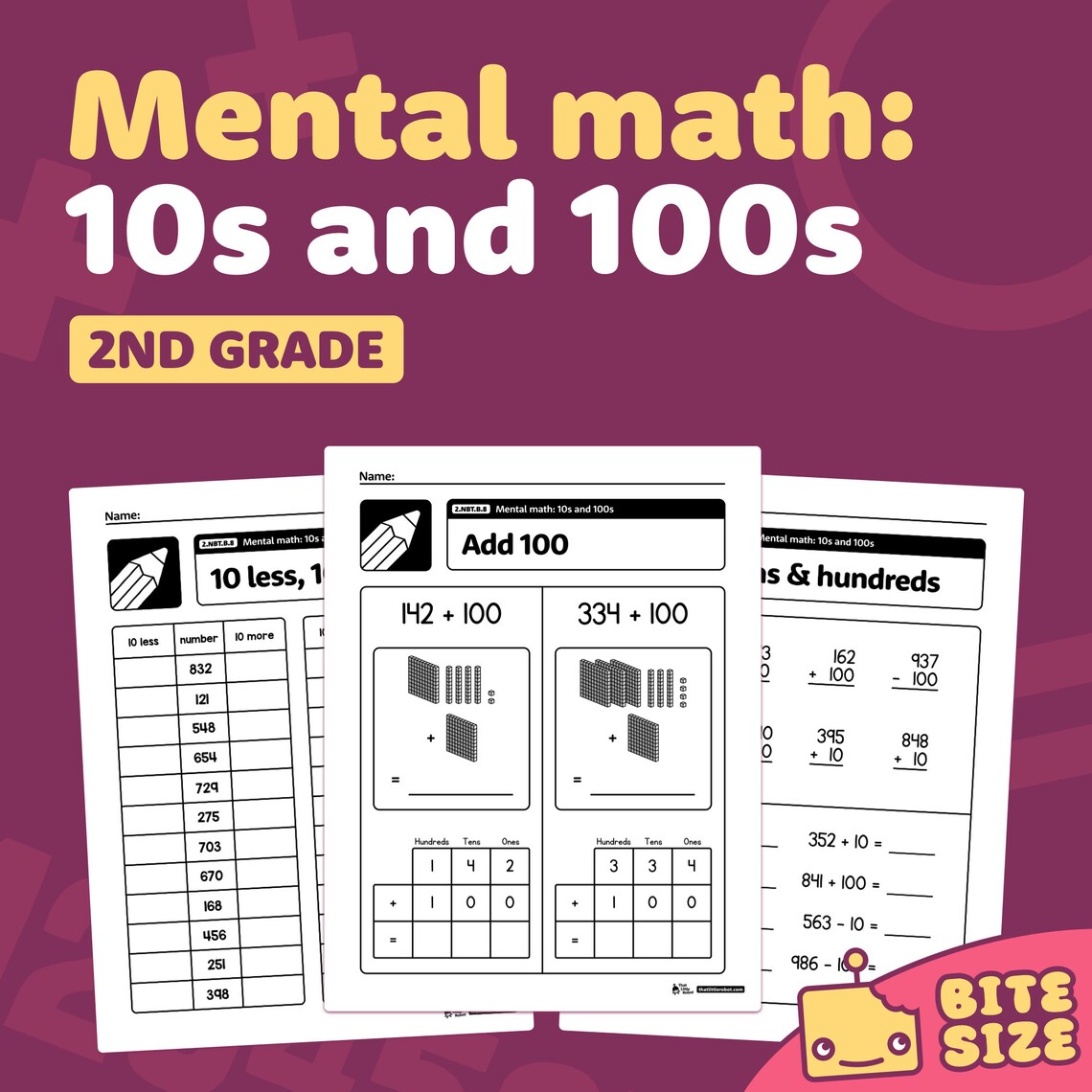 Mental Math, Add and Subtract 10 & 100 Worksheets | 2nd Grade Place ...