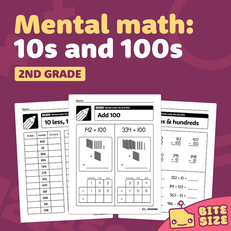 Mental Math, Add and Subtract 10 & 100 Worksheets | 2nd Grade Place ...