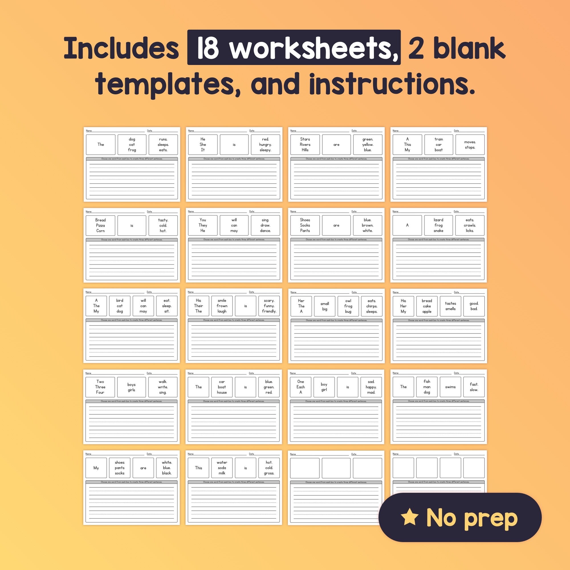 Beginner Sentence Writing Worksheets | kindergarten, 1st, 2nd Grade ELA ...