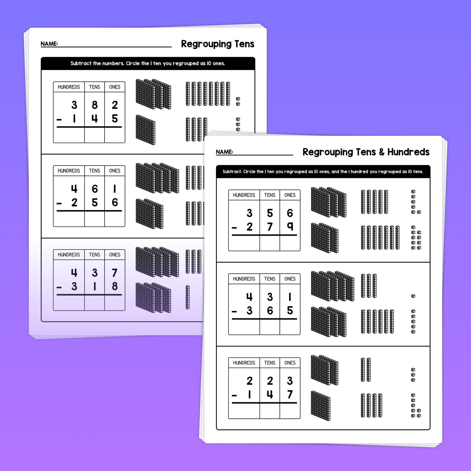 No Prep 3 Digit Subtraction With Regrouping Worksheets | 2nd, 4th, 3rd ...