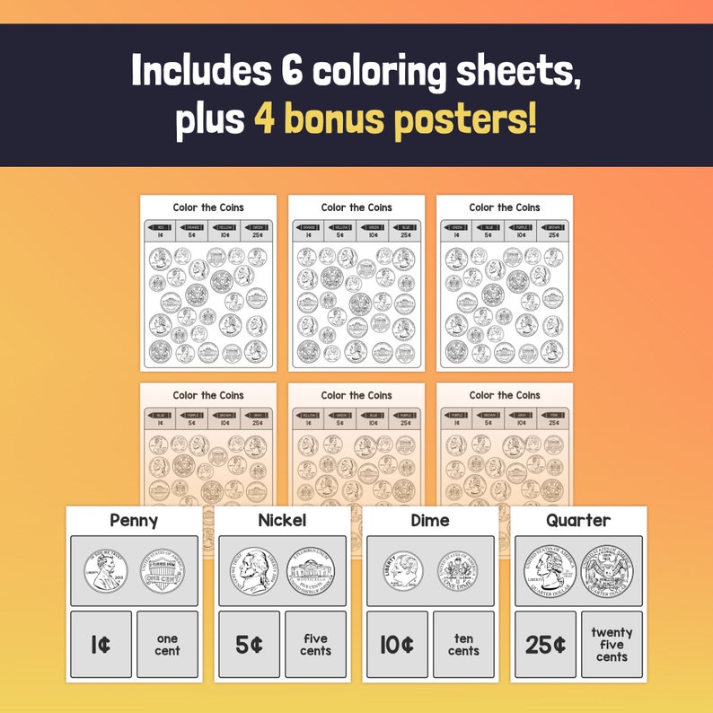 Coloring Coins Worksheets | Kindergarten & 1st Grade US Coin ...