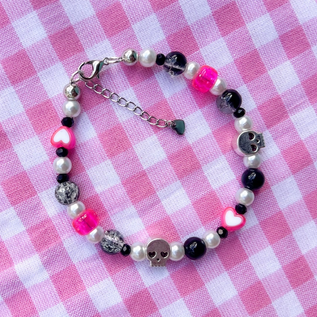 Skullette Crush Bracelet Cute Punk Gothic Pink Hearts Y2K Jewelry Emo ...