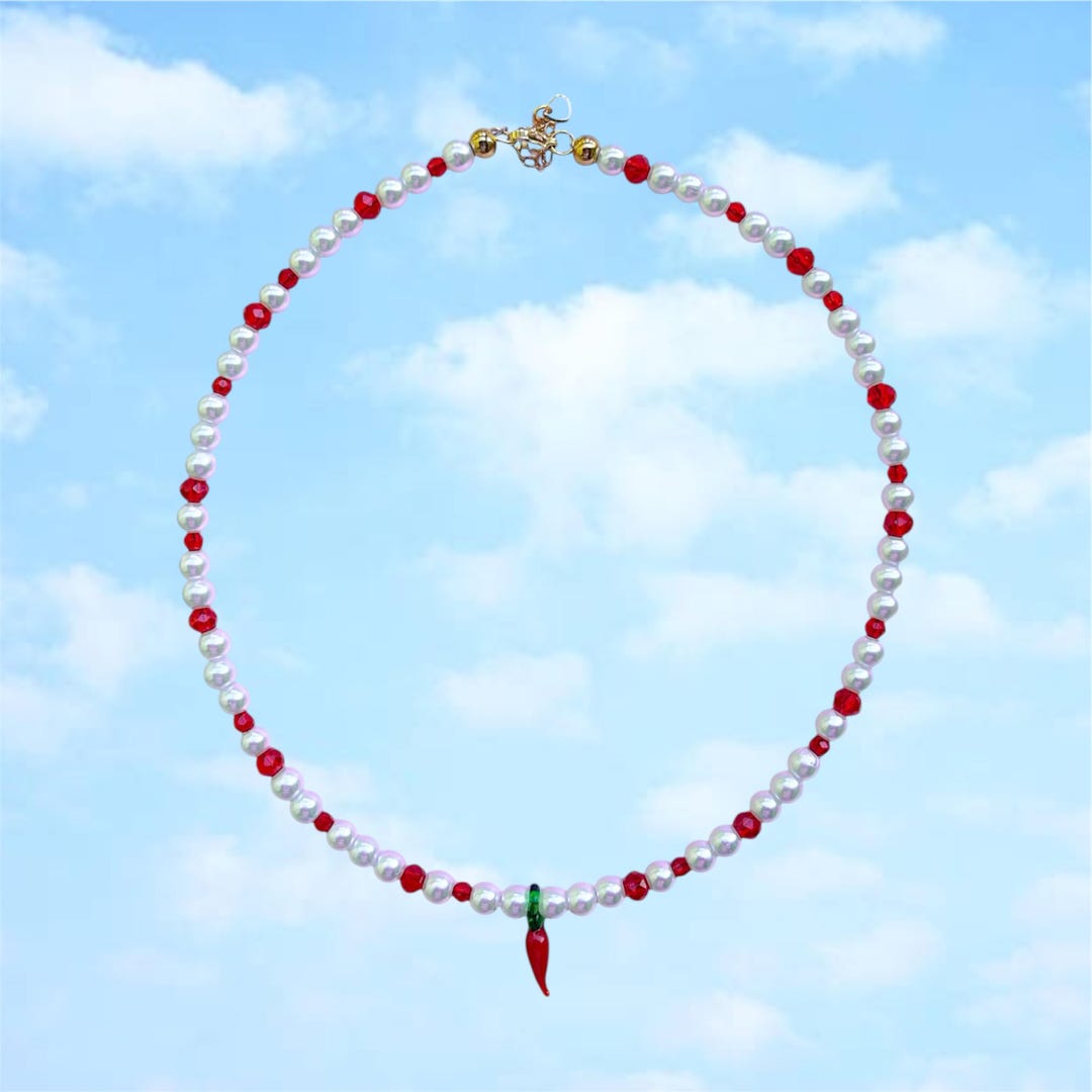 Red Hot Chili Pepper Pearl Necklace | Y2K Summer Jewelry | Beaded ...
