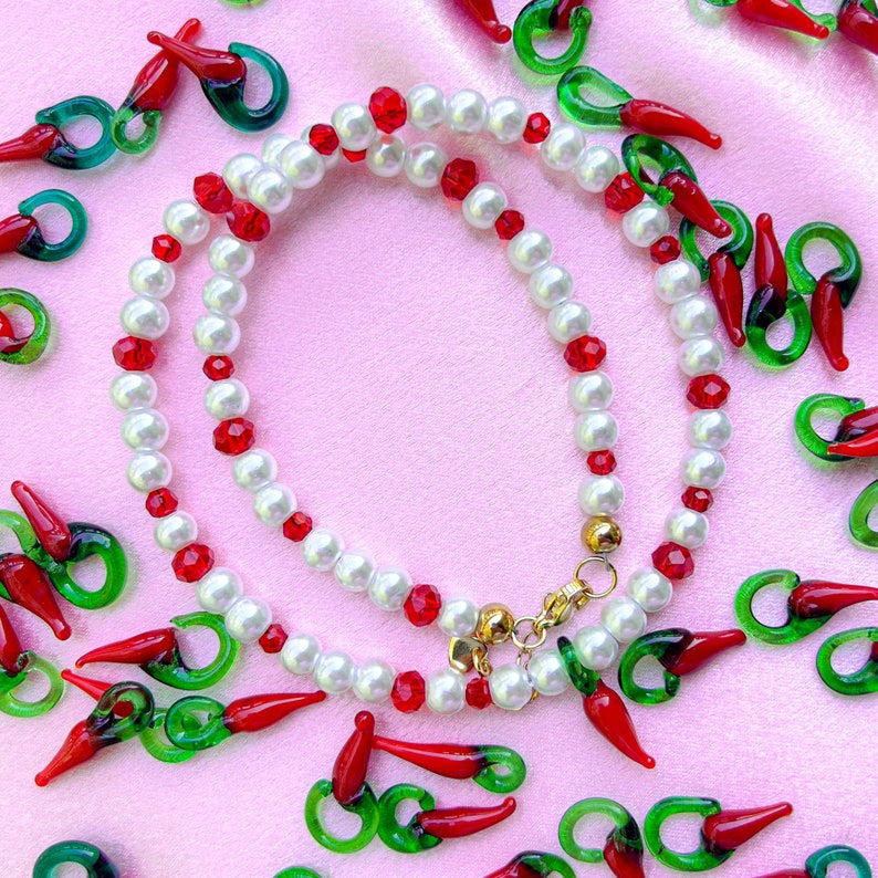 Red Hot Chili Pepper Pearl Necklace | Y2K Summer Jewelry | Beaded ...