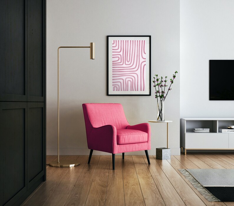 Baby Pink Line Art Print, Abstract Minimalist Geometric Digital Poster ...