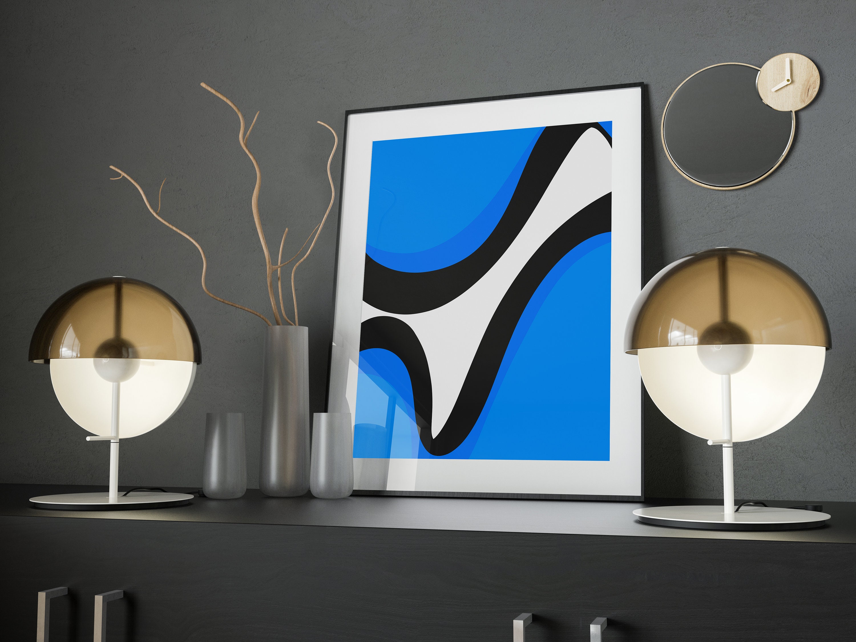 Modern Azure Blue Digital Art Print Minimal Geometric Line - Etsy