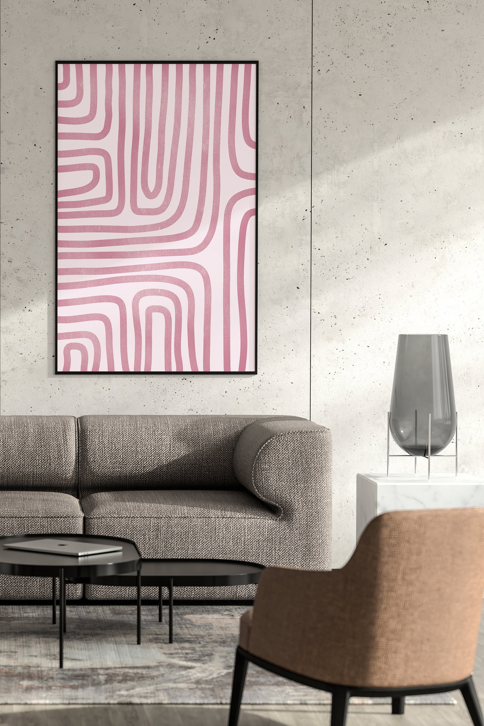 Baby Pink Line Art Print, Abstract Minimalist Geometric Digital Poster ...