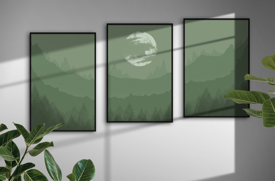 Set of 3 Green Forest Landscape Prints, Calming Wall Art Decor, Modern ...