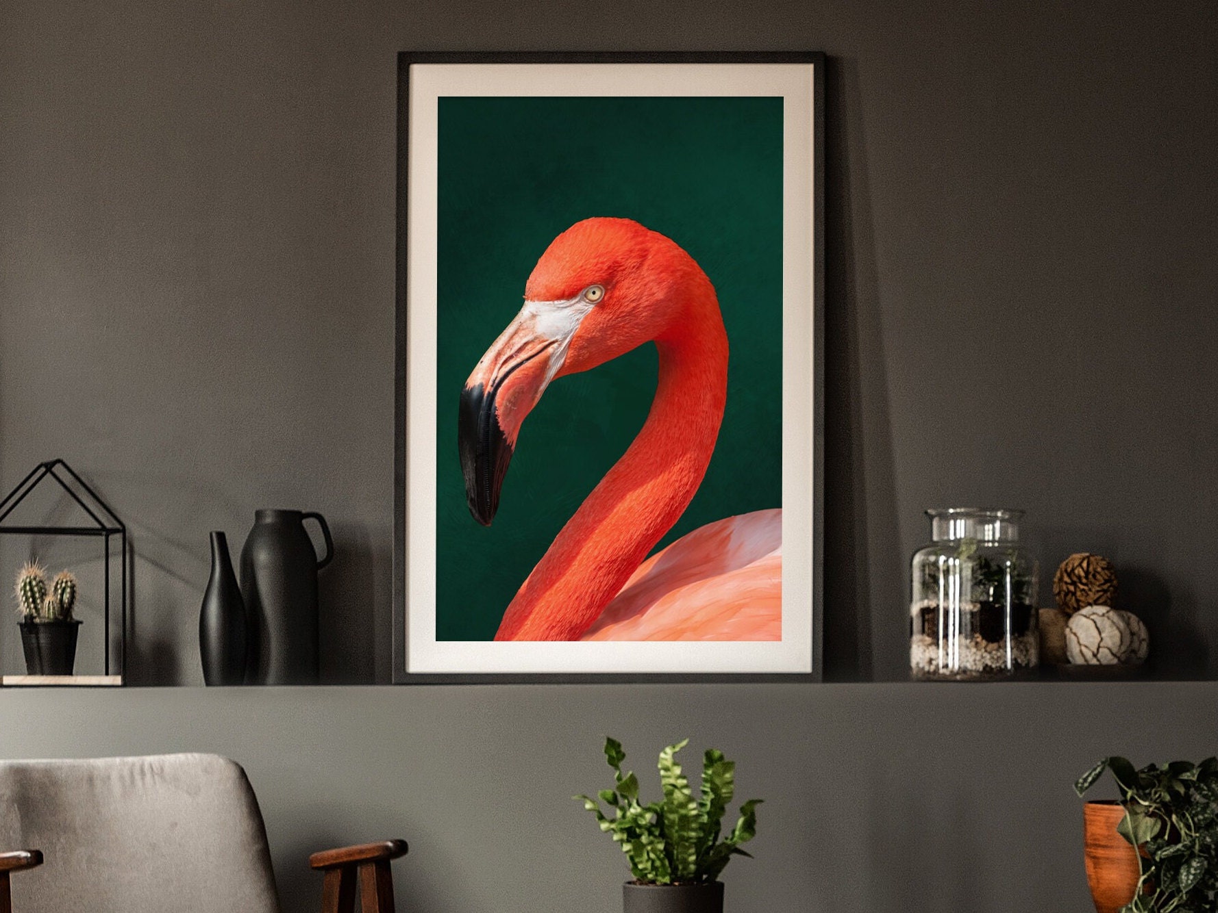 Pink Flamingo Printable Wall Art Poster, Emerald Green and Pink Bird ...