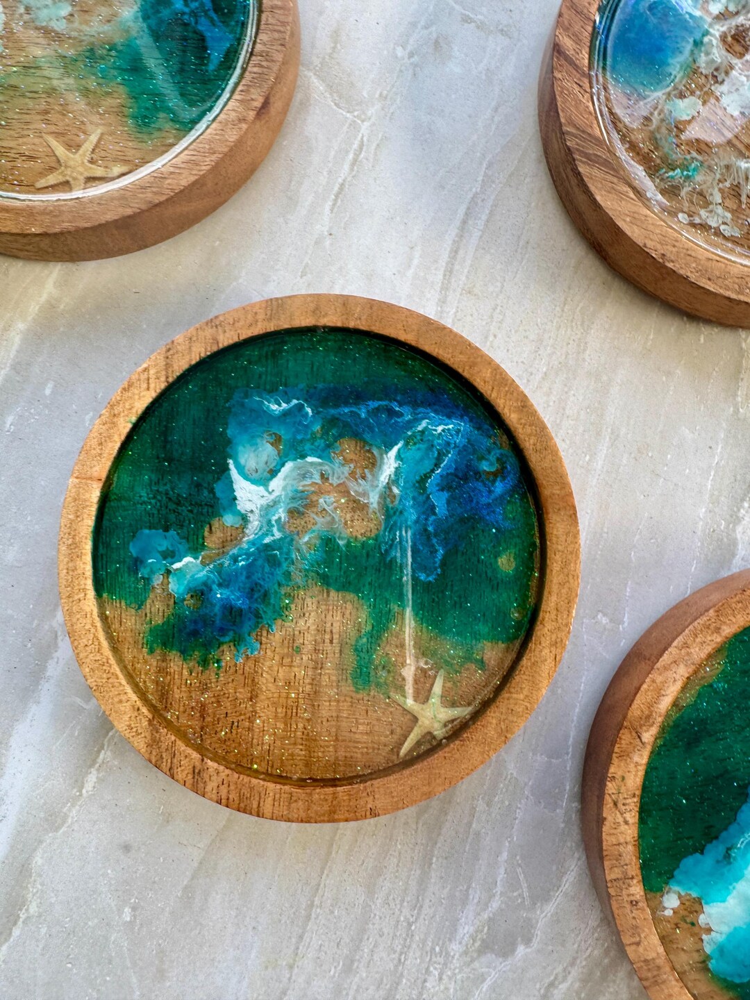 Rustic Monkey Pod Tide Pool Coasters (set of 4) With Starfish - Etsy