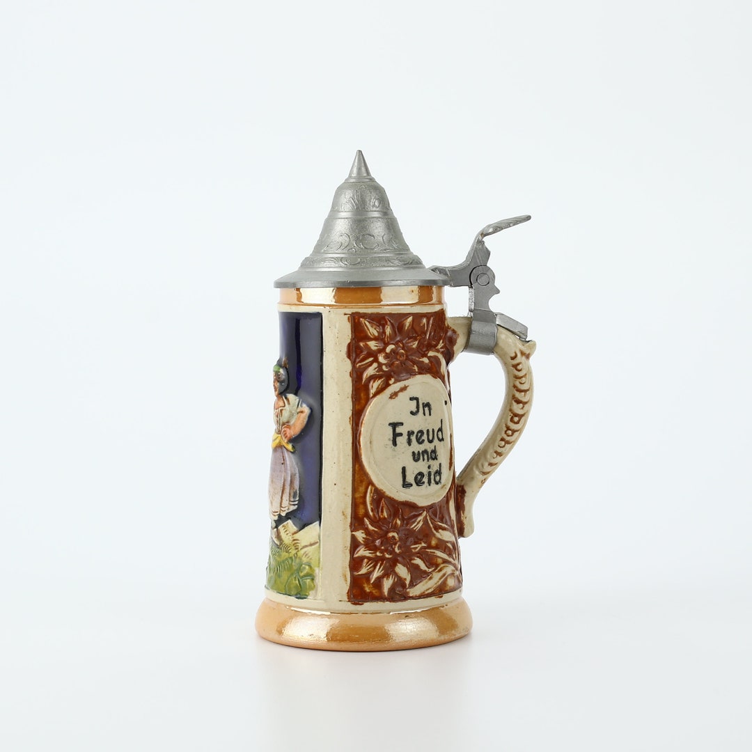 Vintage German Beer Stein With Pewter Lid - Hand Painted German Ceramic ...