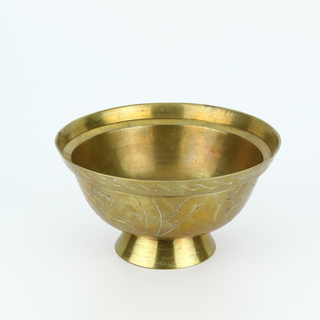 Vintage Brass Bowl - Etched Chinese Brass Bowl With Beautiful Oriental ...