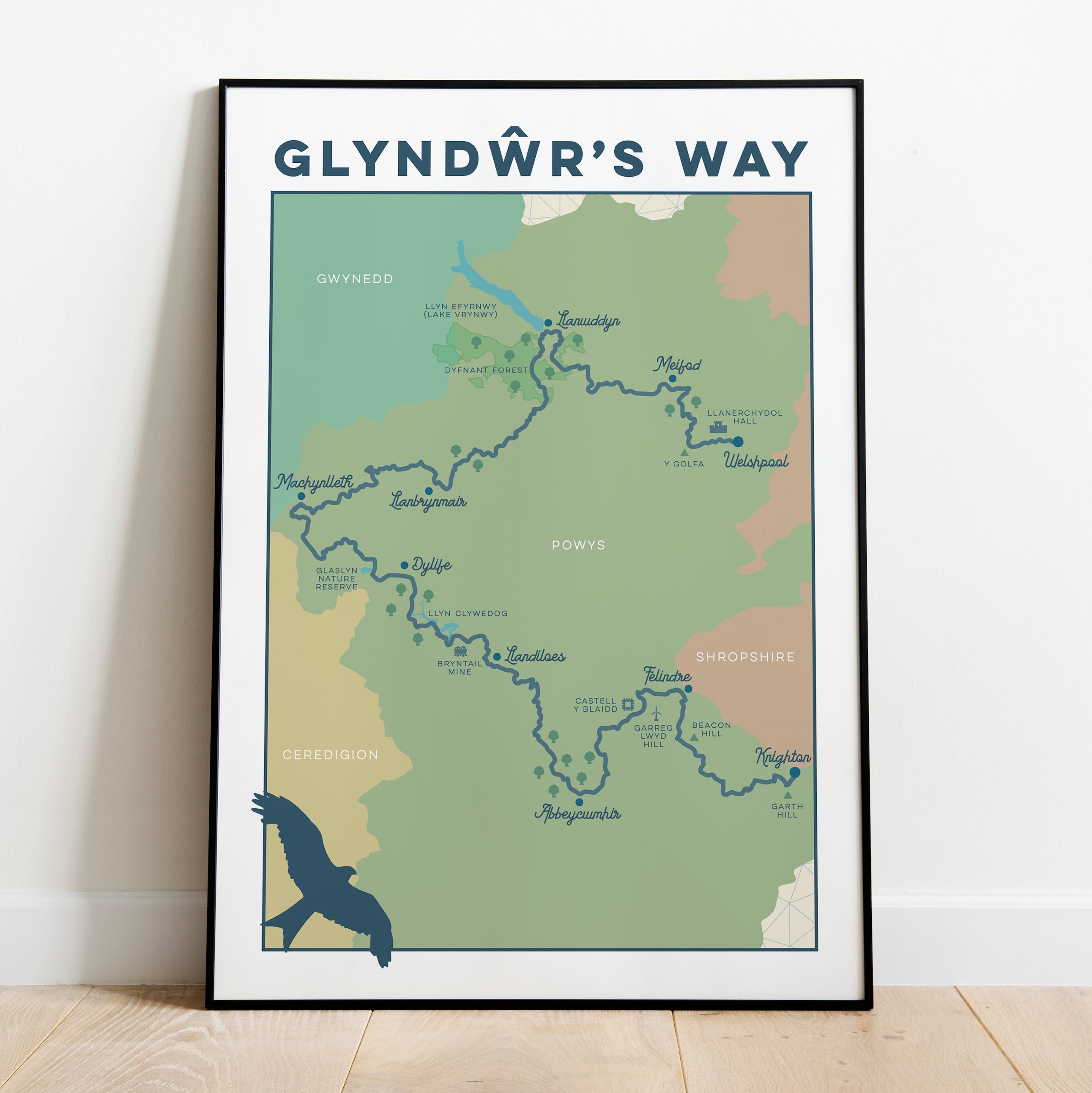 Glyndwrs Way Map Art Print. Wales Trail Map Print, Wales Wall Art ...