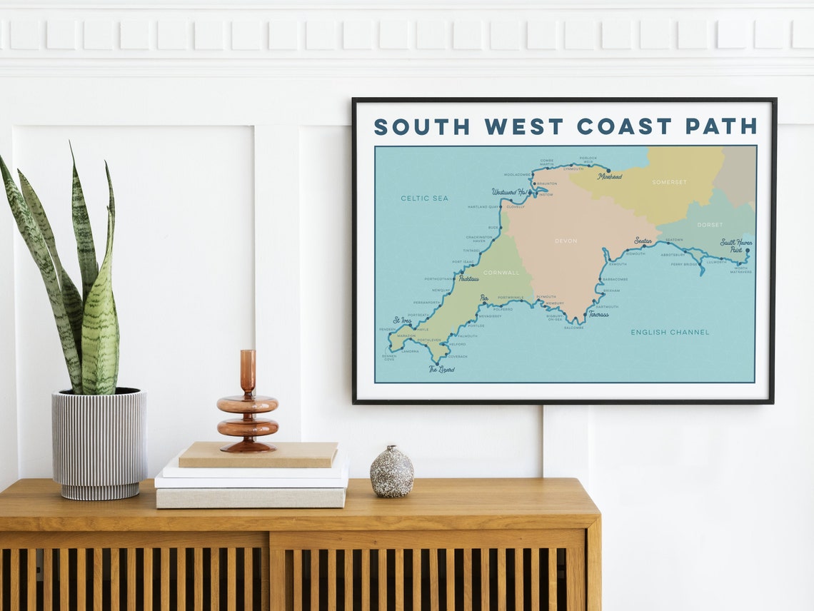 South West Coast Path Art Print: Trail Map Wall Art With National Trail ...