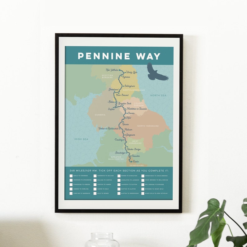 Pennine Way Art Print: Pennine Trail Map Art. Pennines Wall Art, Trail ...