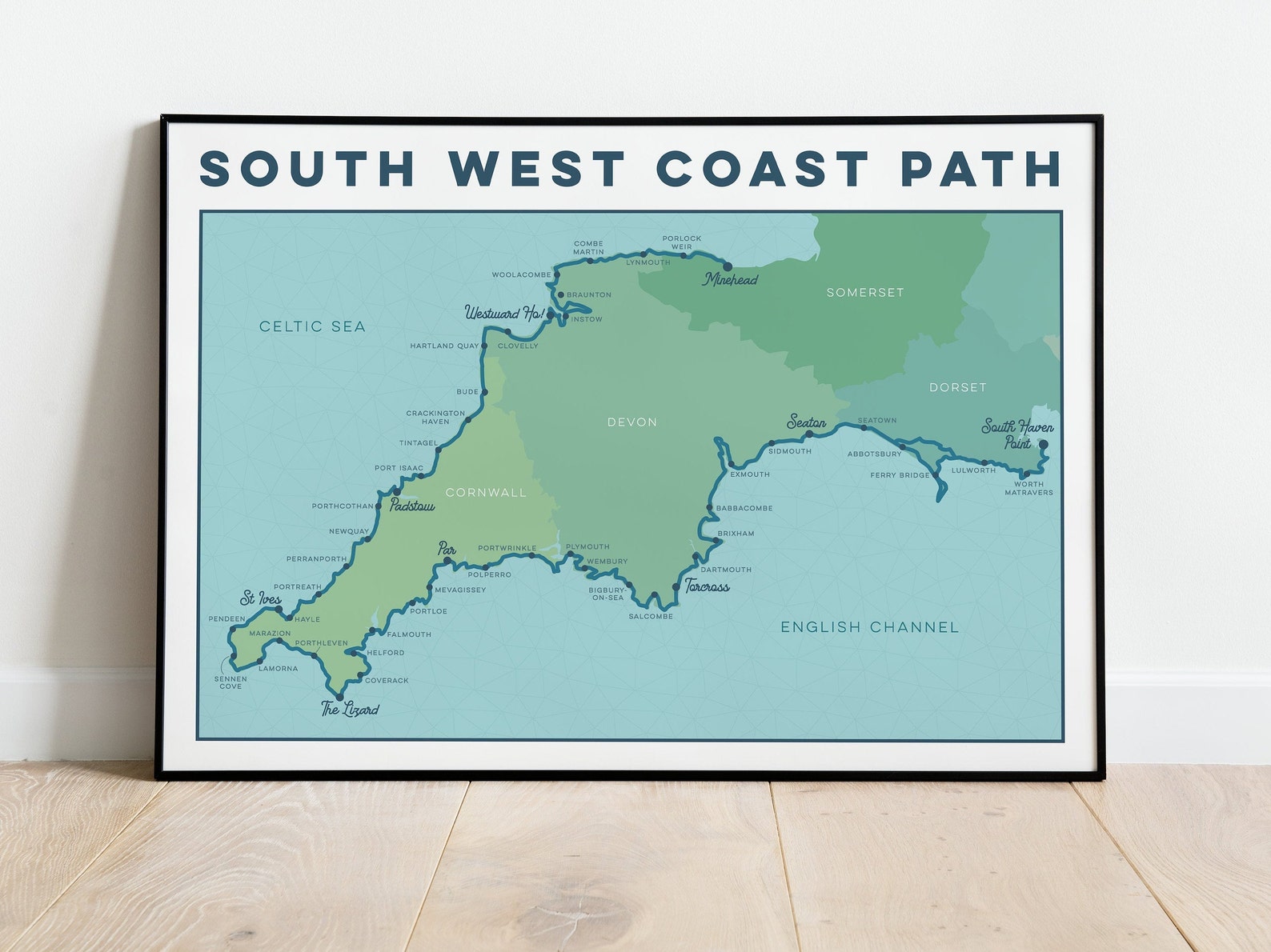 South West Coast Path Art Print: Trail Map Wall Art With National Trail ...