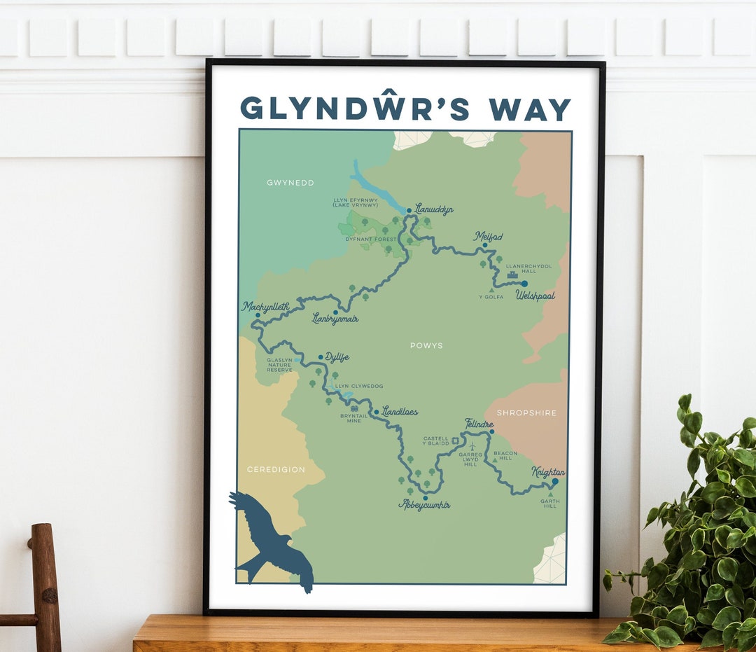 Glyndwrs Way Map Art Print. Wales Trail Map Print, Wales Wall Art ...