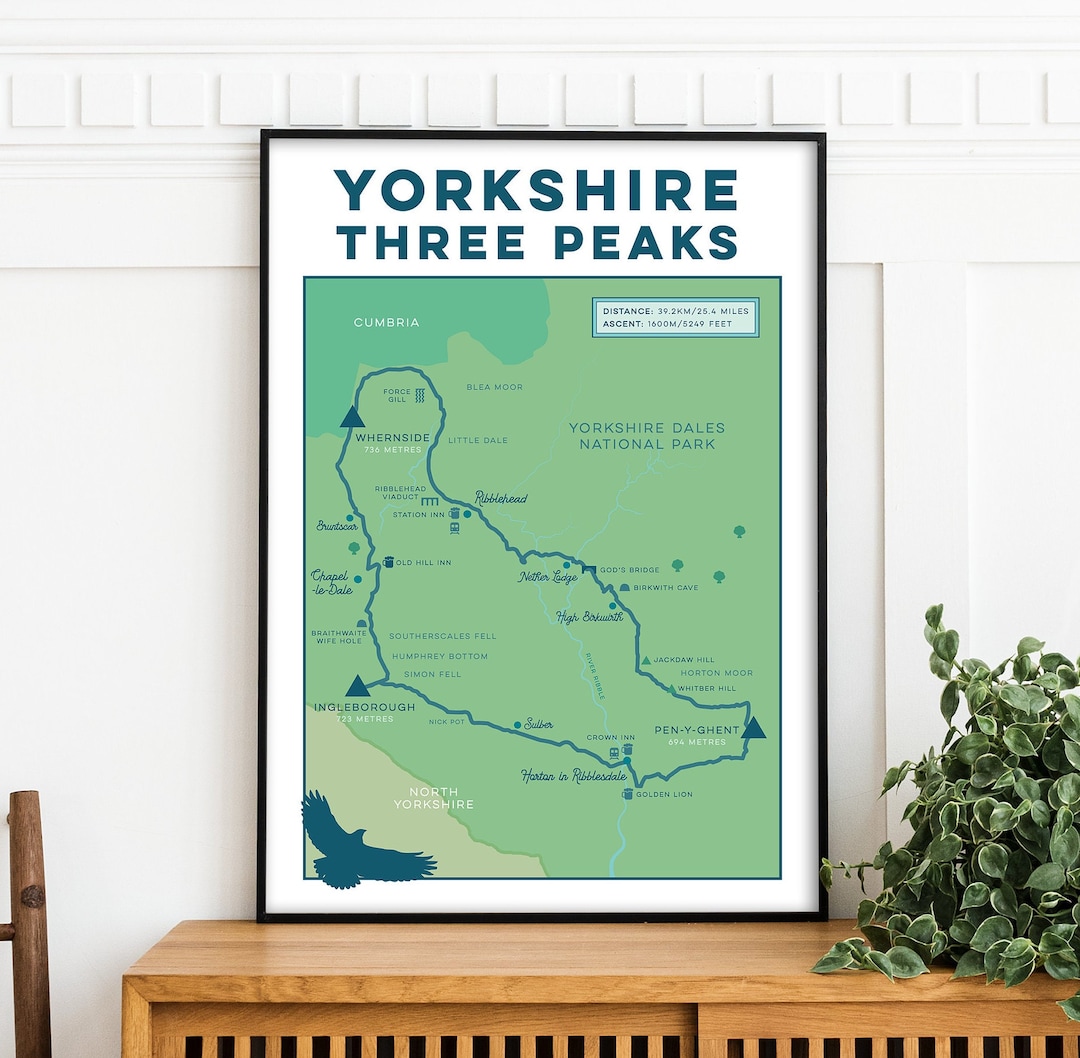 Yorkshire Three Peaks Map Art Print. 3 Peaks Challenge Map Print, Three ...