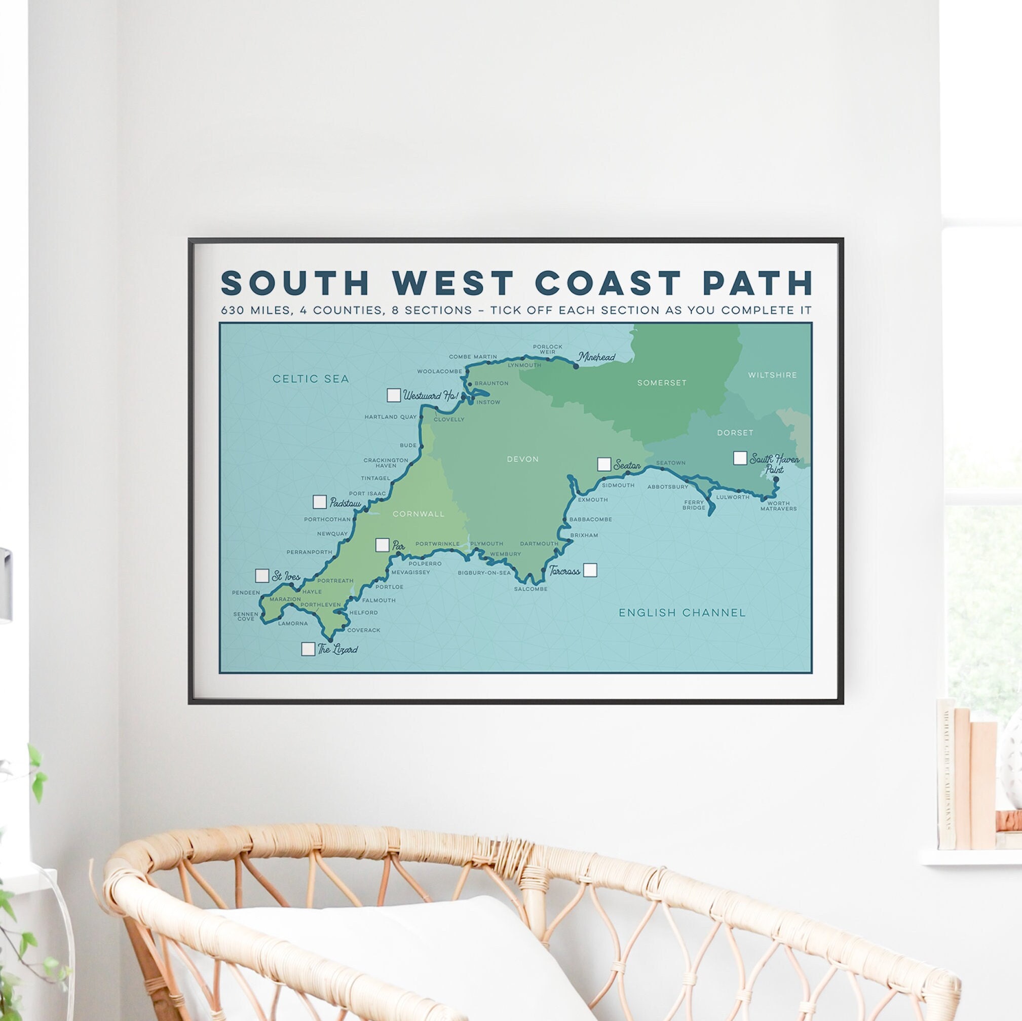 South West Coast Path Art Print: Tick List Trail Map Art. South West ...