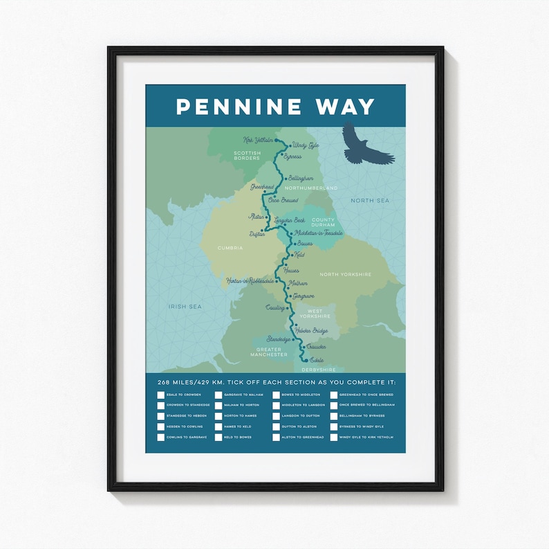 Pennine Way Art Print: Pennine Trail Map Art. Pennines Wall Art, Trail ...