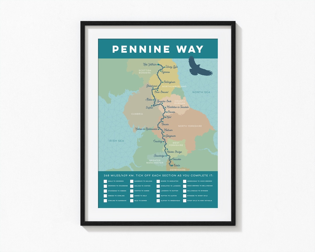 Pennine Way Art Print: Pennine Trail Map Art. Pennines Wall Art, Trail ...