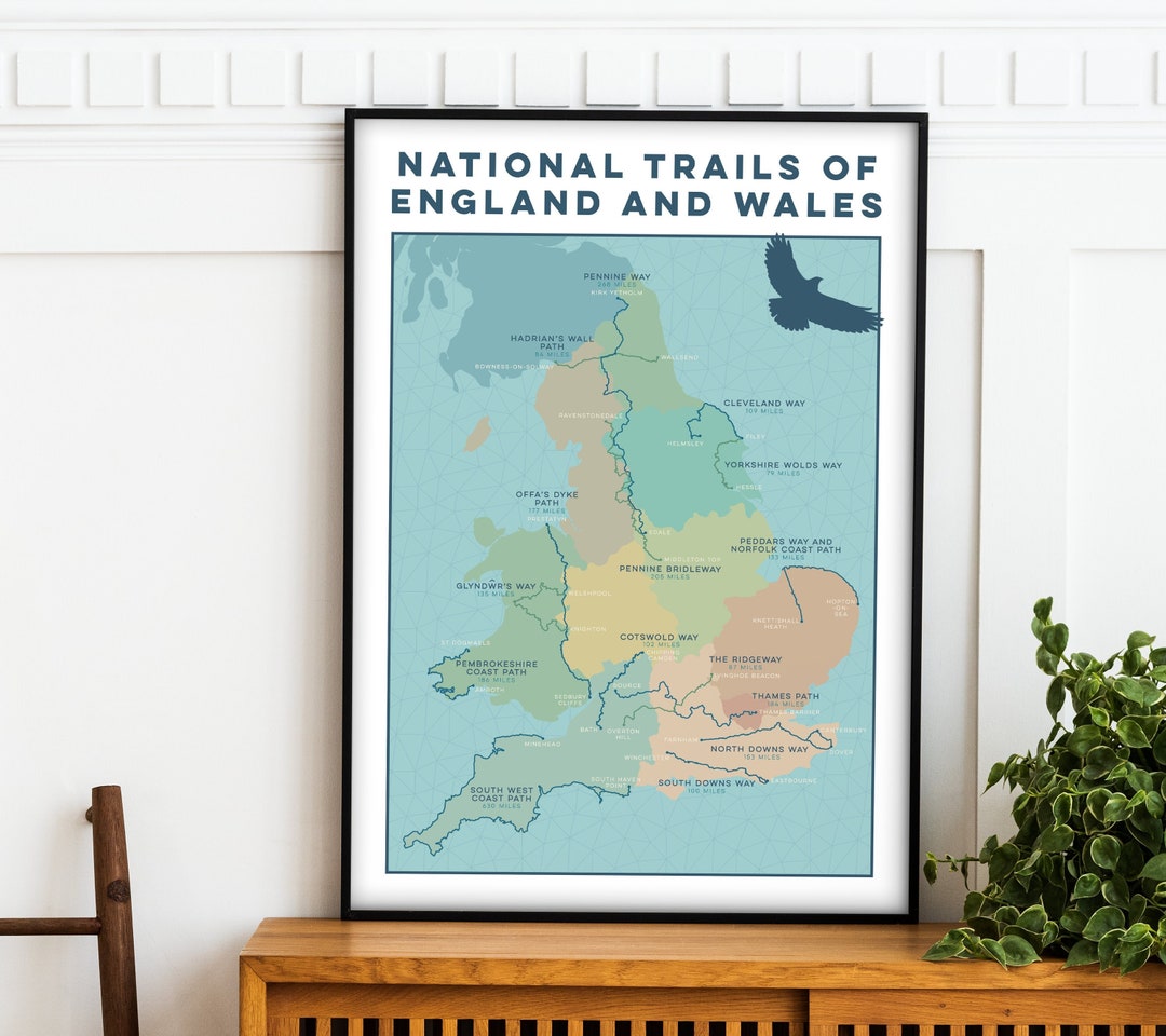 National Trails Map Print: Wall Art Print of Hiking Trails, England Map ...