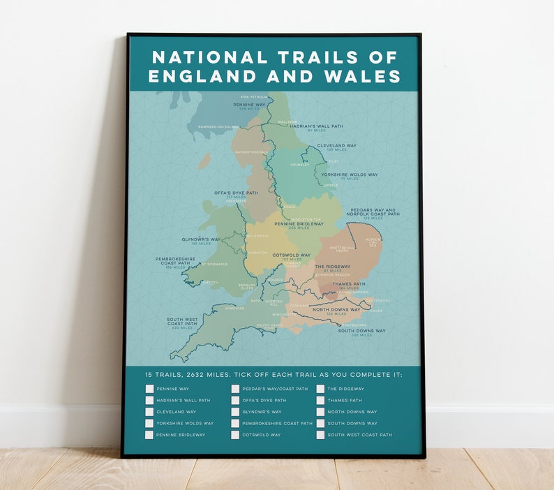 National Trail Wall Art Print: Walking Trail Map Print to Tick - Etsy UK