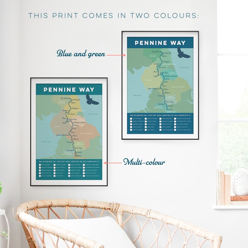 Pennine Way Art Print: Pennine Trail Map Art. Pennines Wall Art, Trail ...
