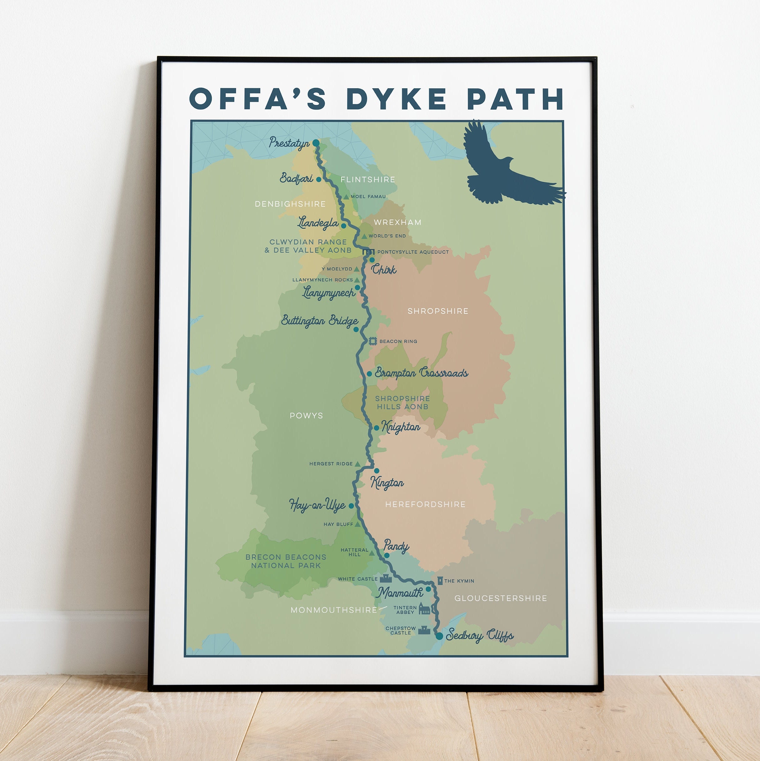 Offa's Dyke Path Art Print: Trail Map Wall Art. National Trail Wales ...