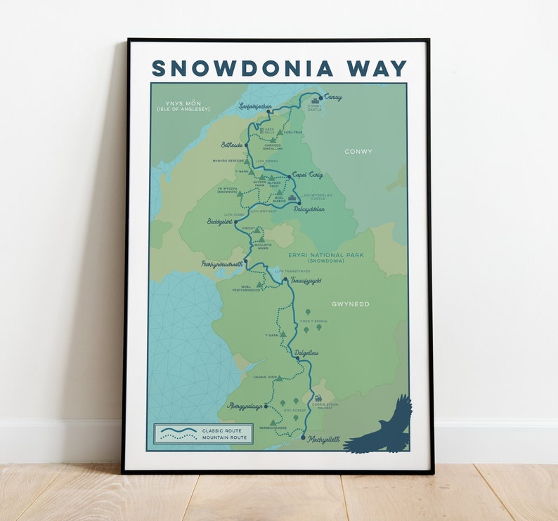 Snowdonia Way Art Print: Hiking Trail Map Art. North Wales Map, Wales ...