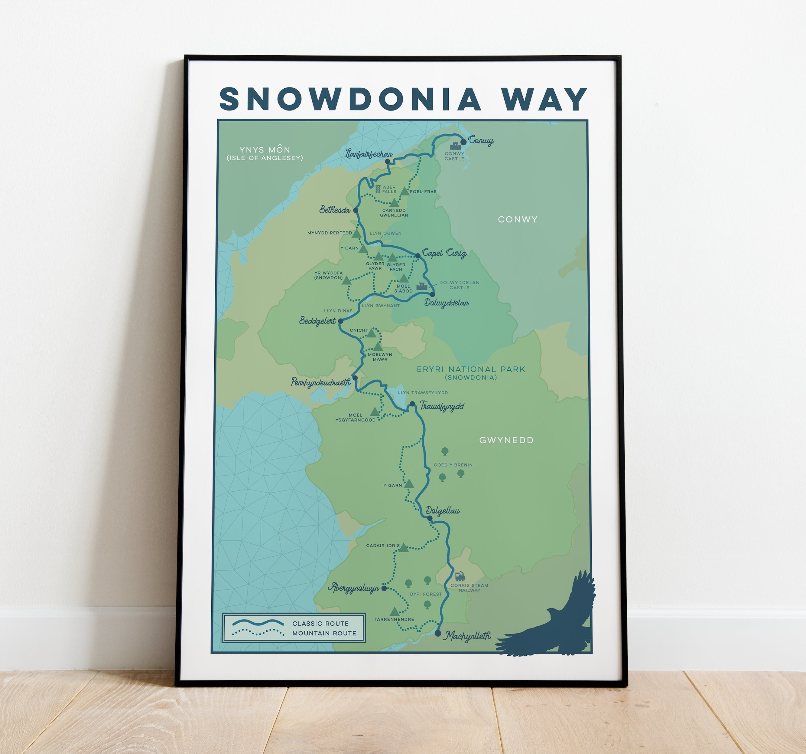 Snowdonia Way Art Print: Hiking Trail Map Art. North Wales Map, Wales ...