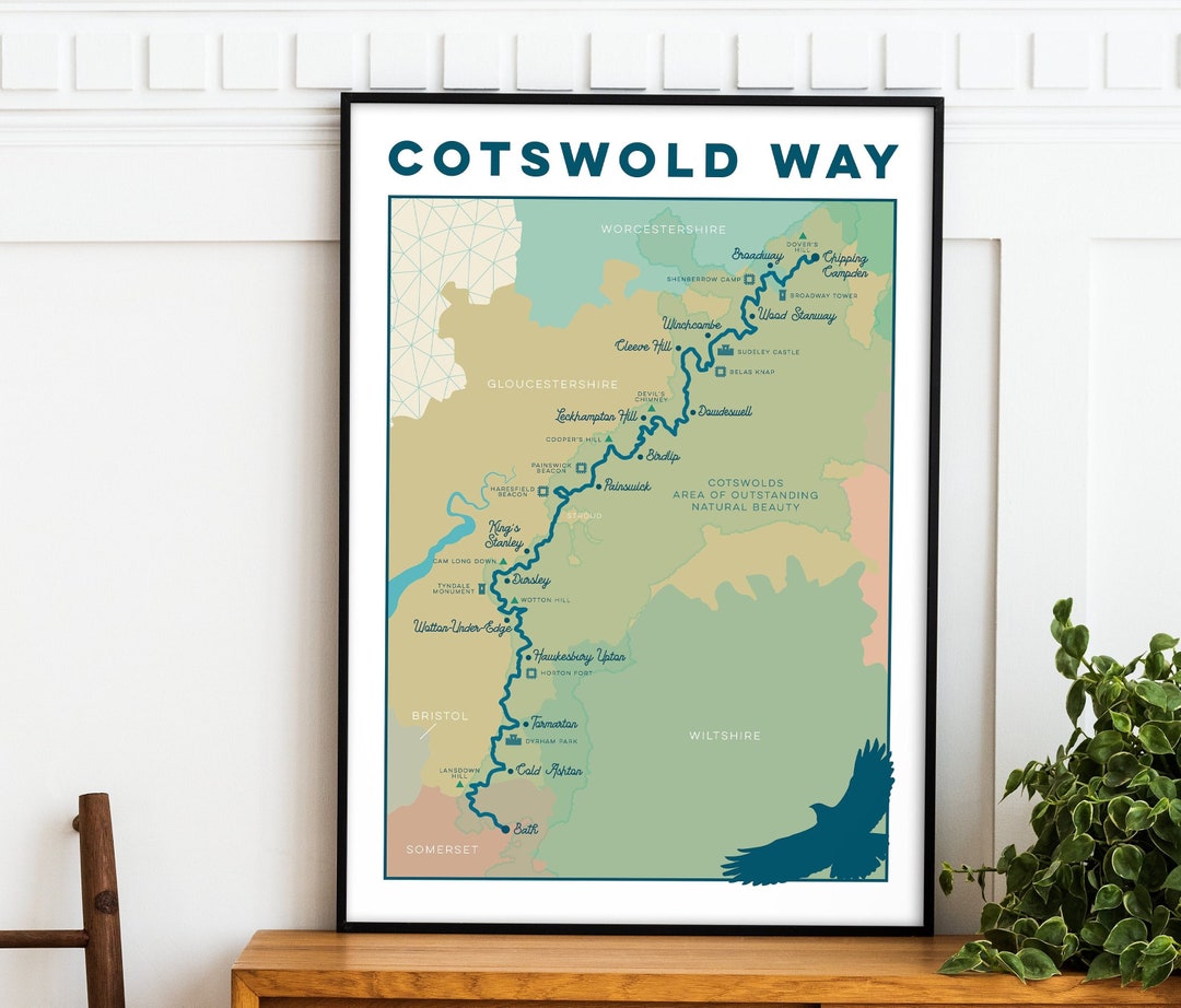 Cotswold Way Map Art Print. Cotswold Trail Map Print, Cotswolds Wall ...