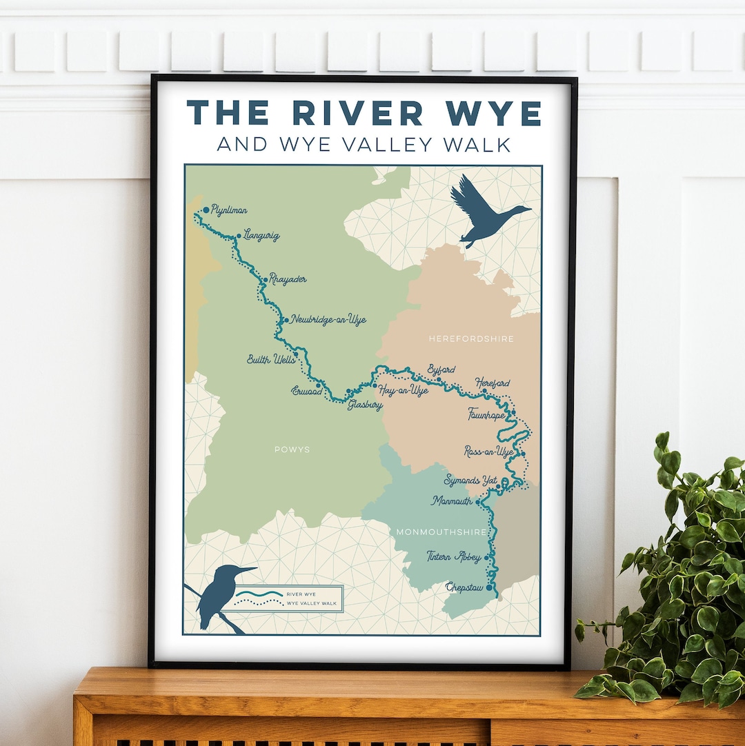 River Wye Art Print With Wye Valley Walk. Wall Art, Trail Map Art, Map ...