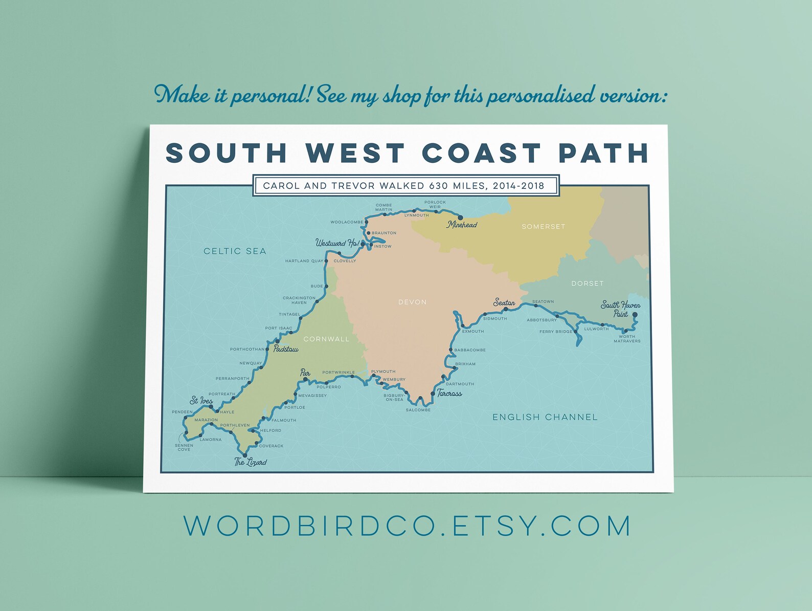 South West Coast Path Art Print: Trail Map Wall Art With National Trail ...