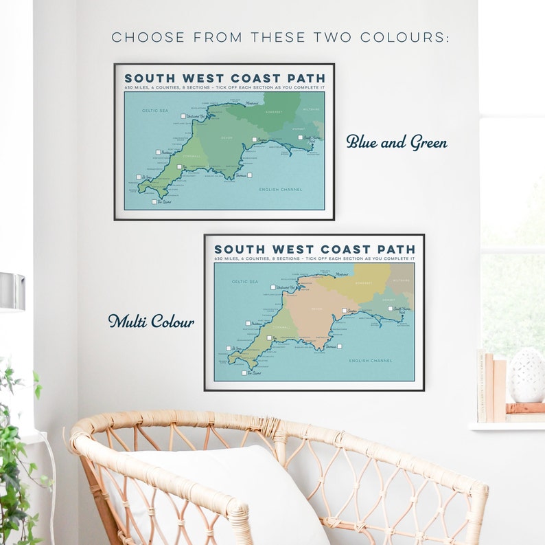 South West Coast Path Art Print: Tick List Trail Map Art. South West ...