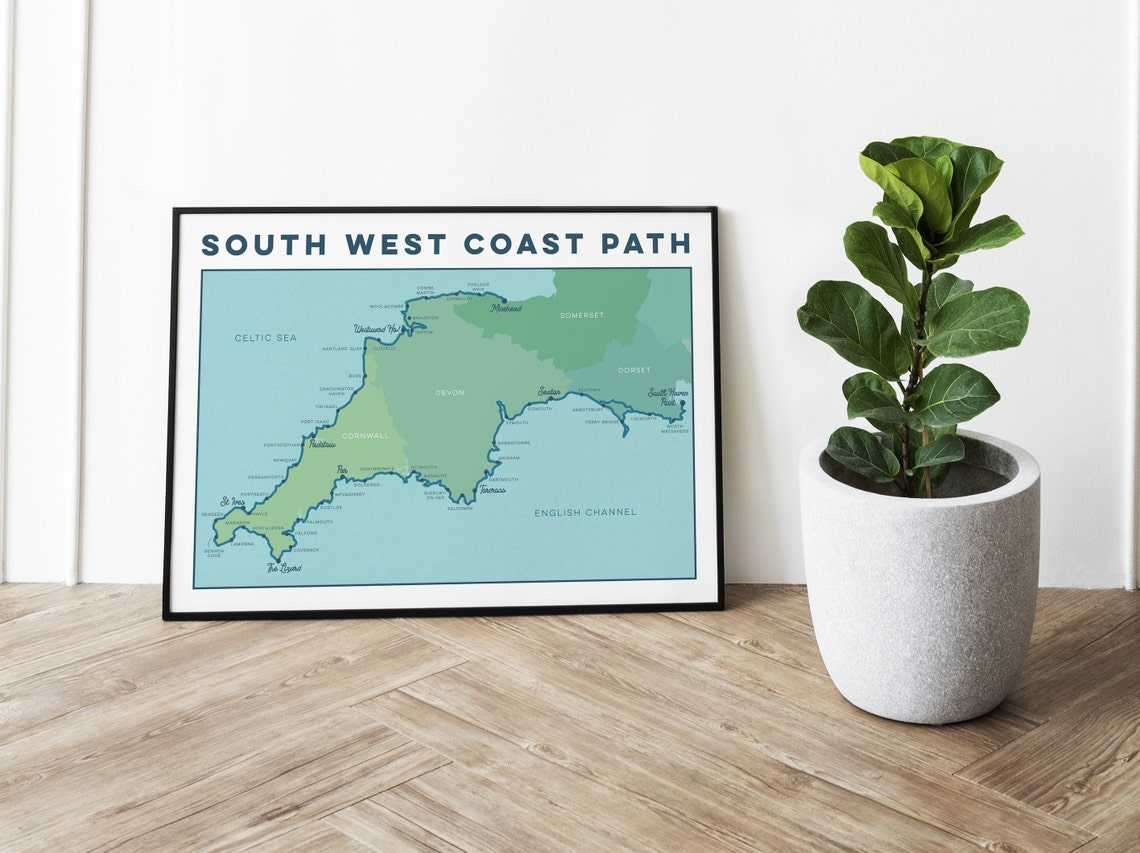 South West Coast Path Art Print: Trail Map Wall Art With National Trail ...