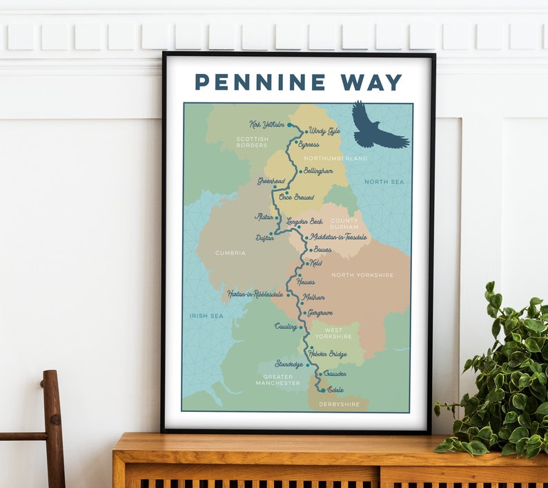 Pennine Way Map Art Print. Pennine Trail Map Print, Pennines Wall Art ...