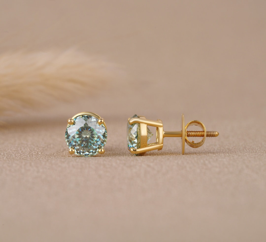 Portuguese Cut Green Moissanite Diamond Stud Earrings, Moissanite ...