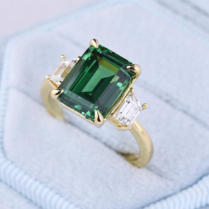4CT Green Emerald Diamond Three Stone Ring Lab Stone With Side - Etsy