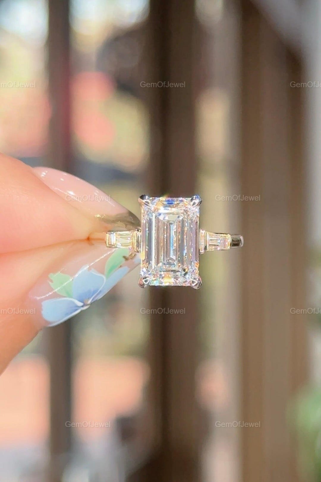 3CT Emerald Three Stone Diamond Wedding Ring, Emerald Moissanite ...