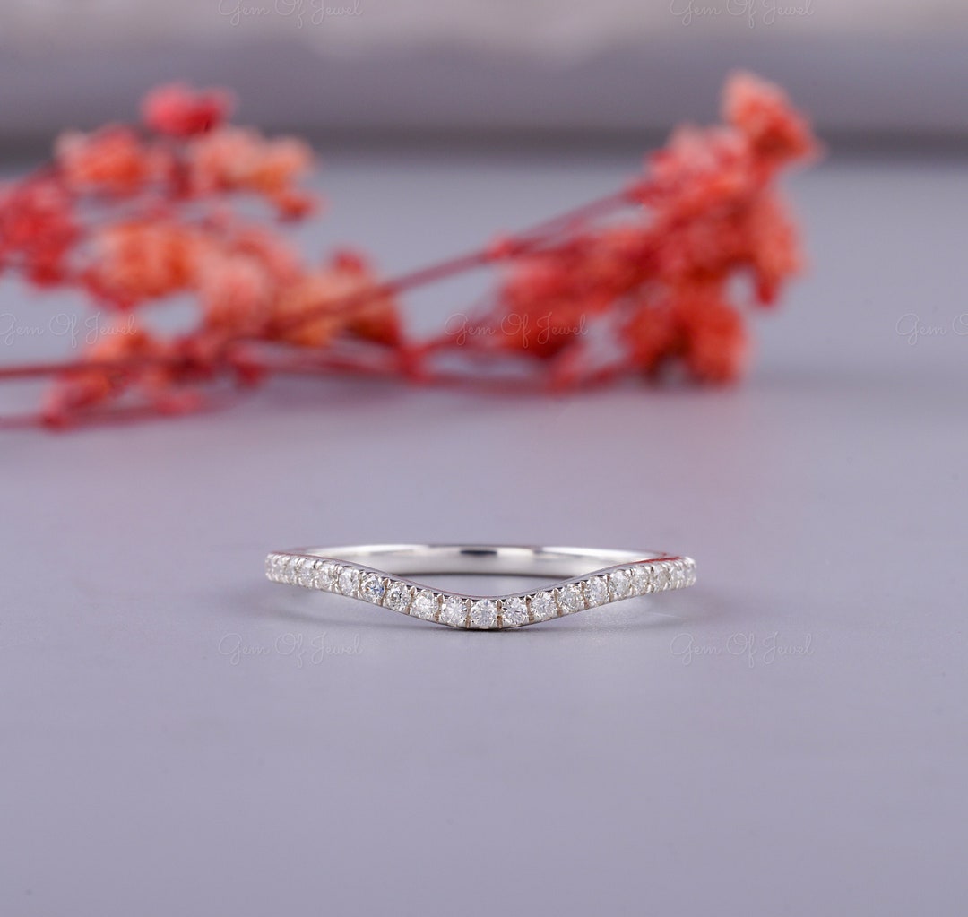 Curved Diamond Band in Solid White Gold Metal, Matching Stackable Band,14k Solid Gold Curved ...