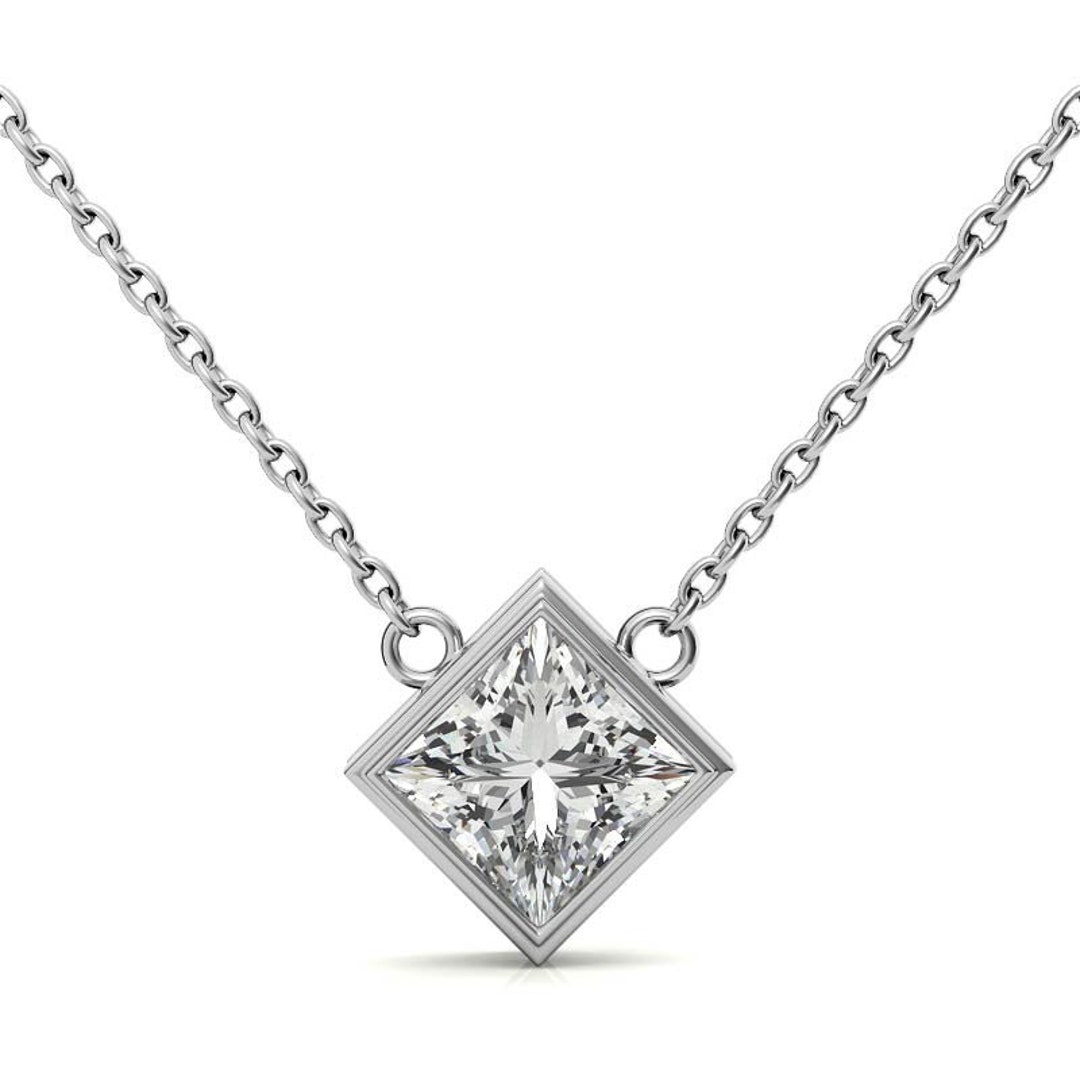Princess Cut Diamond Necklace Bezel Set Necklace, Princess Shape ...