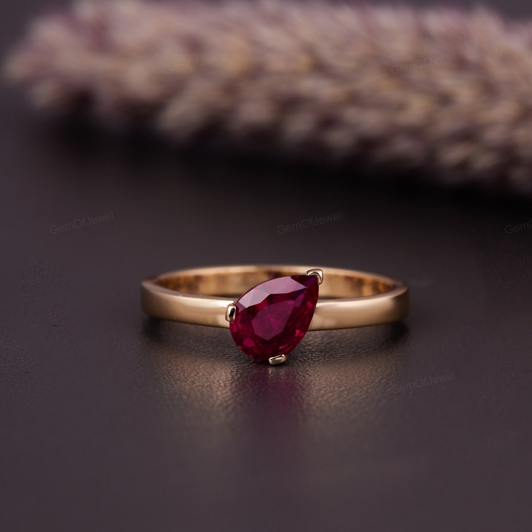 Antique Pear Red Ruby Engagement Ring, 14k Gold Ruby Solitaire Wedding ...