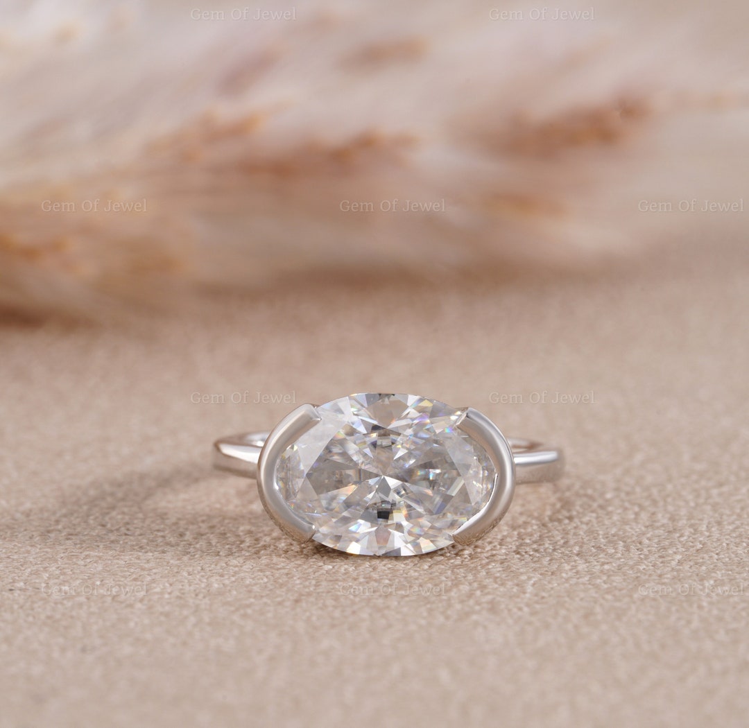 Oval Cut Bezel Set Solitaire Ring, Oval Moissanite Diamond Half Bezel ...
