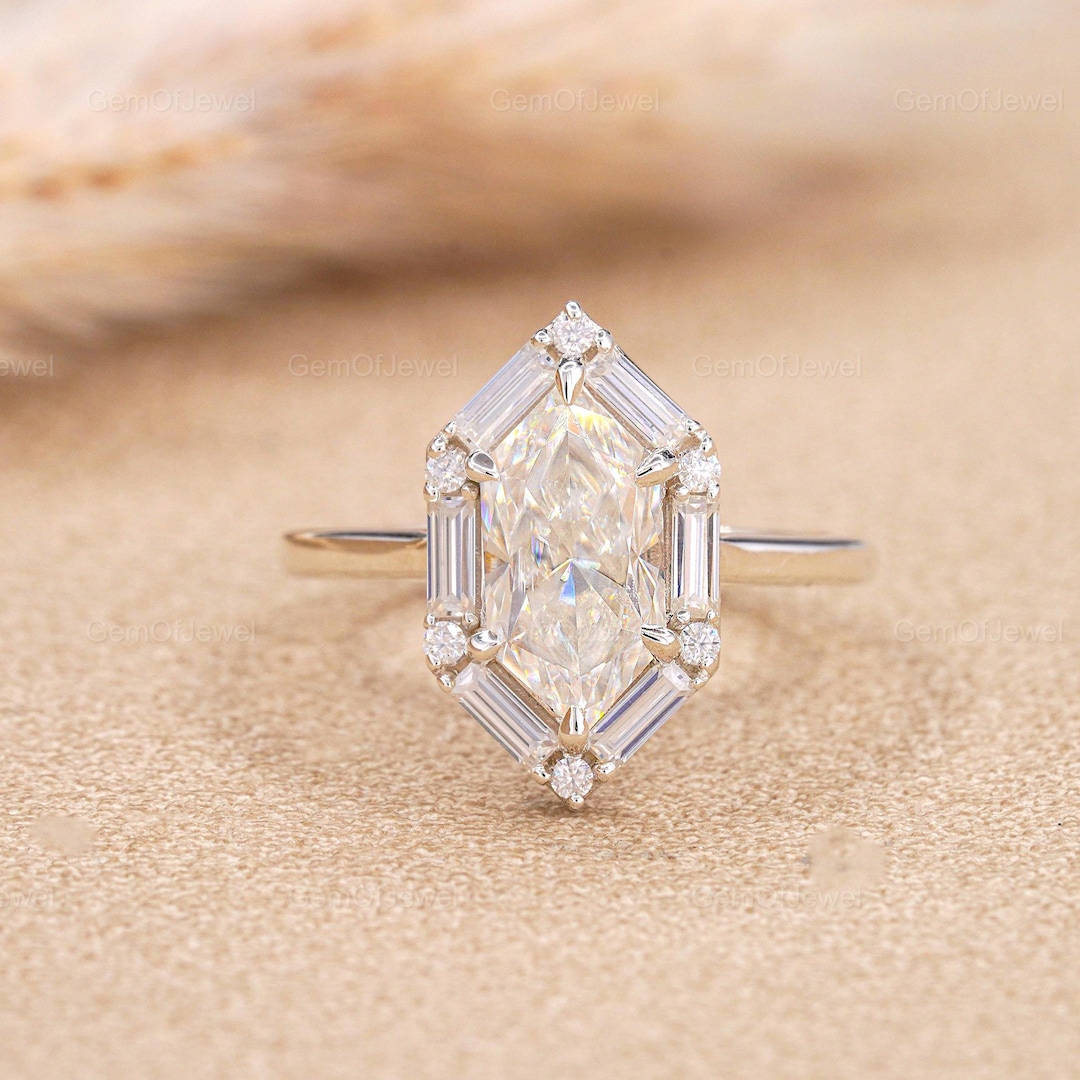 Dutch Marquise Cut Moissanite Diamond Ring With Side Baguette Moissanite Ring, Hexagon Shape ...