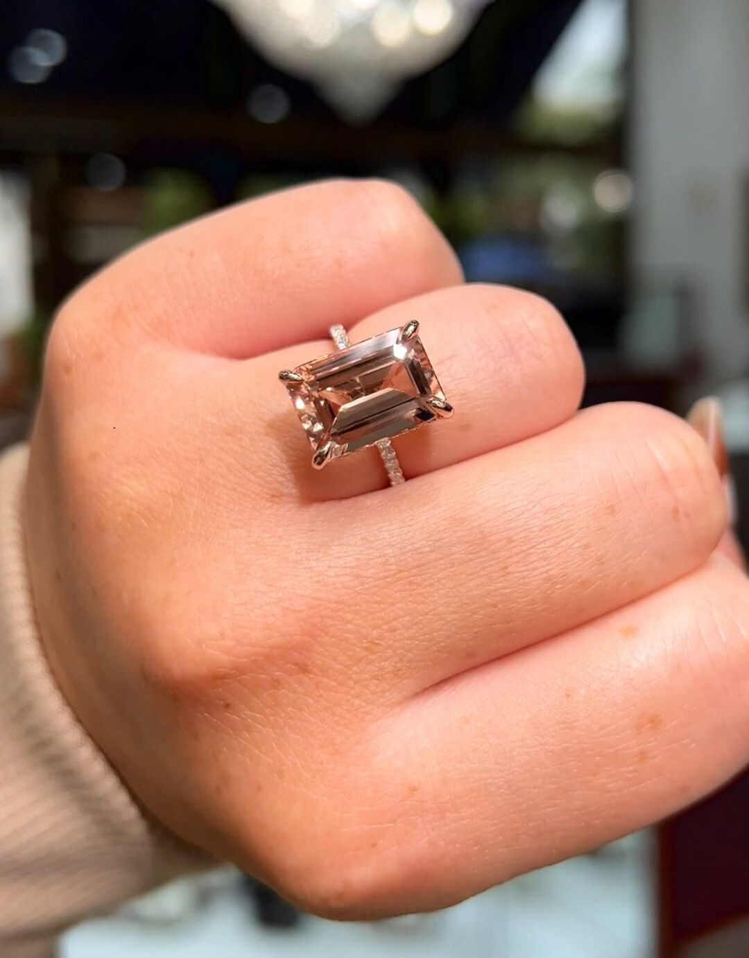 Emerald Cut Morganite Diamond Halo Ring, Morganite Diamond Engagement ...