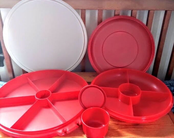 Vintage Two Tupperware Party Susan Red Serving Trays and Lids, Vintage ...