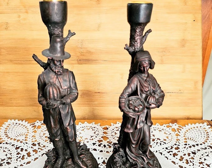 Vintage Two Detailed Pilgrim Figurine Candlestick Holders Retro Country ...